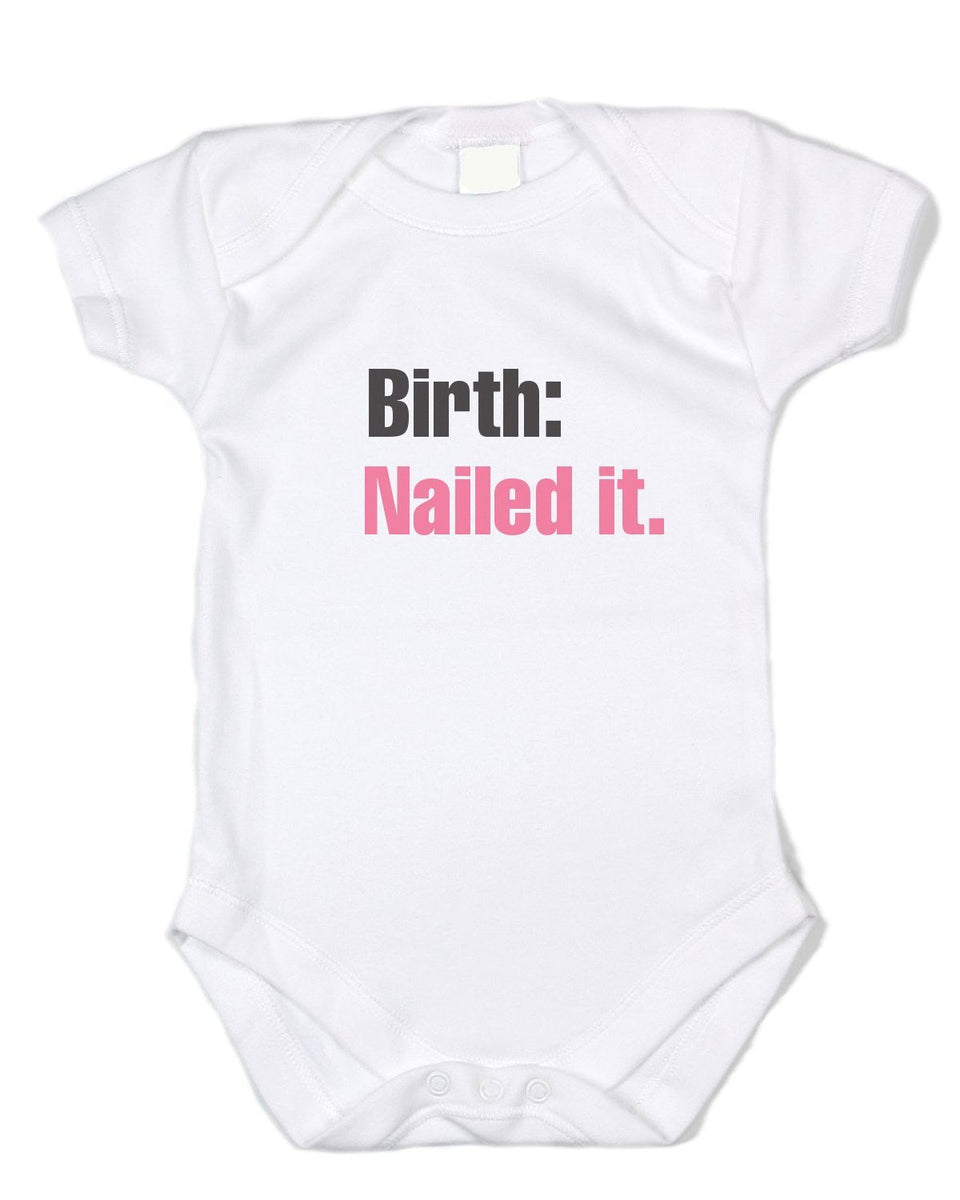 Funny Baby Onesie "Birth Slogan" (Black and Pink Text) Infant Bodysuit ...